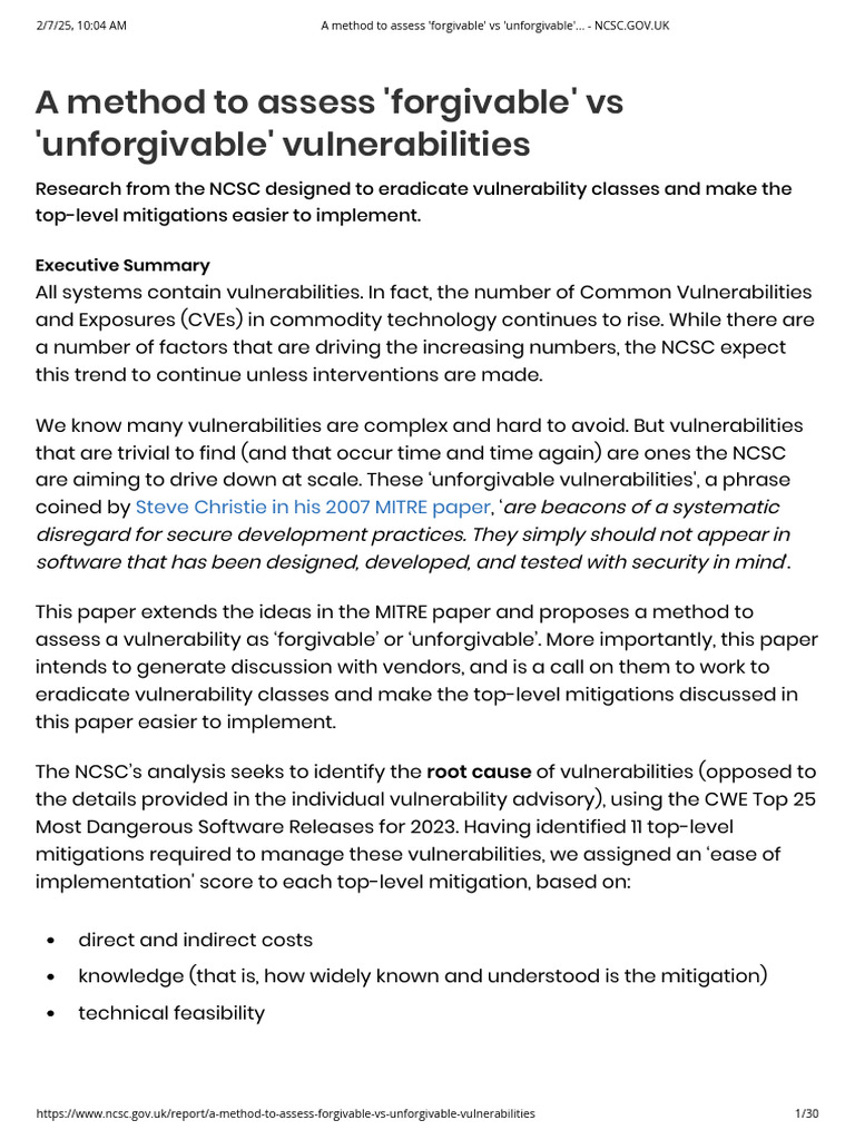 A Method To Assess Forgivable Vs Unforgivable Vulnerabilities | PDF | Software Development ...