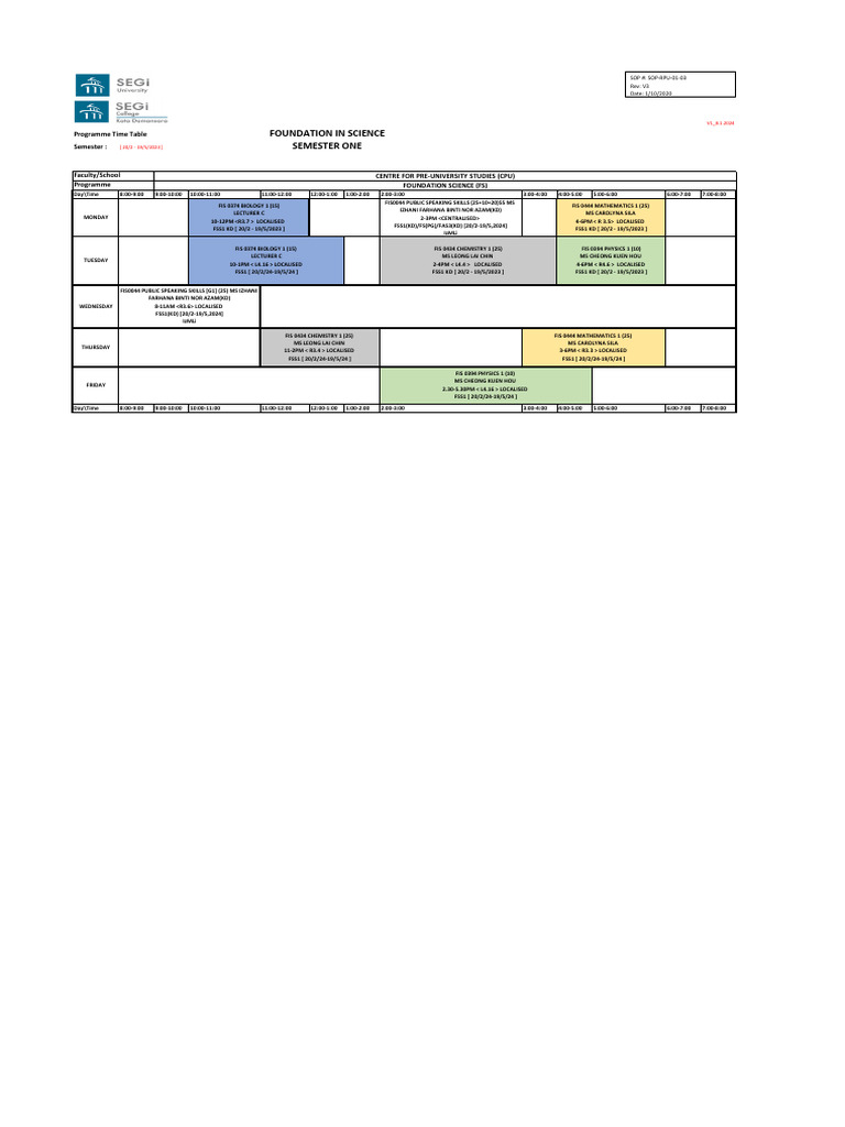 Foundation in Science Timetable | PDF
