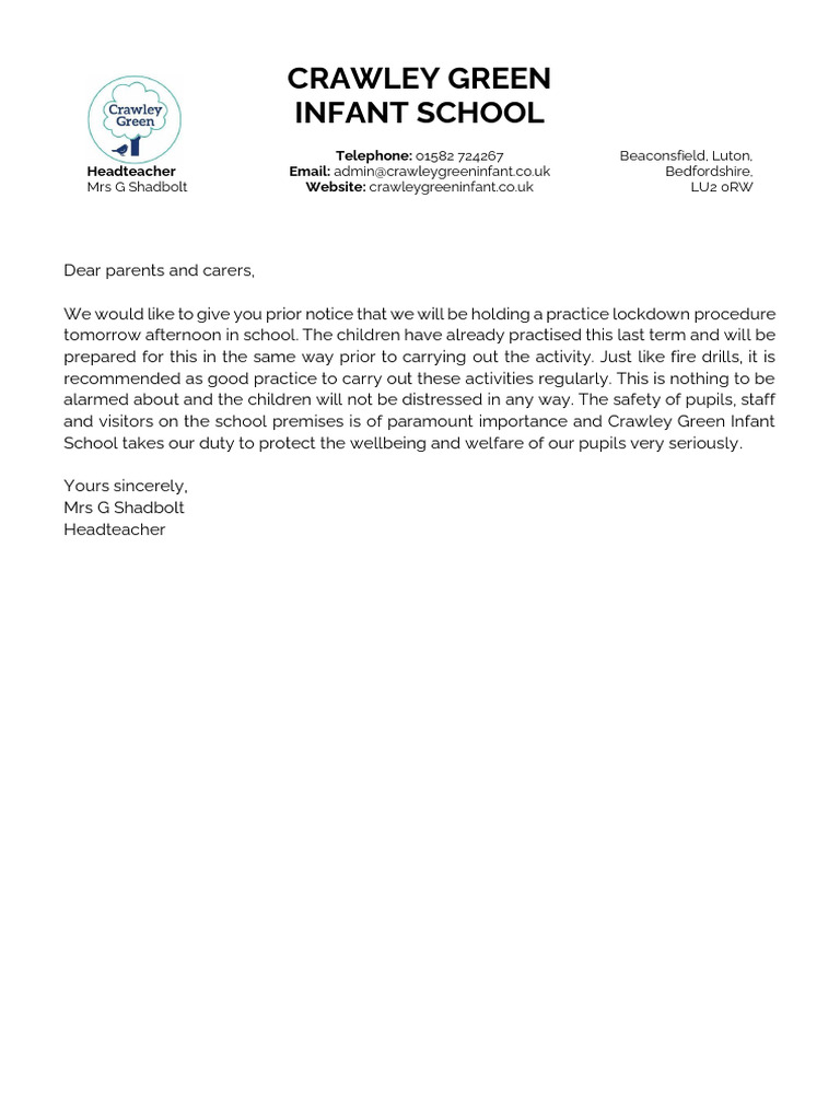 Crawley Green Infant School Lockdown Notice | PDF
