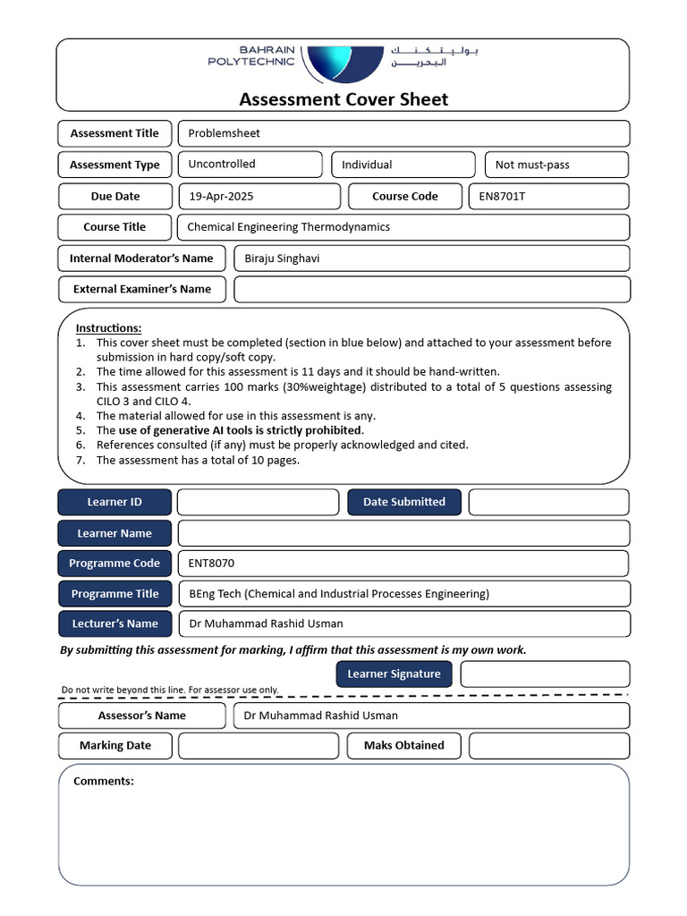 Problemsheet EN8701T | PDF | Chemical Equilibrium | Thermodynamics