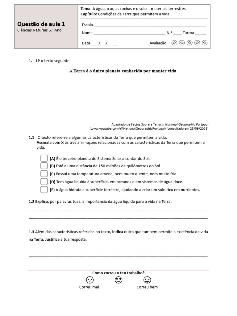 CN5 QuestaoAula FichaAvaliacao 1 | PDF | Solo | Terra