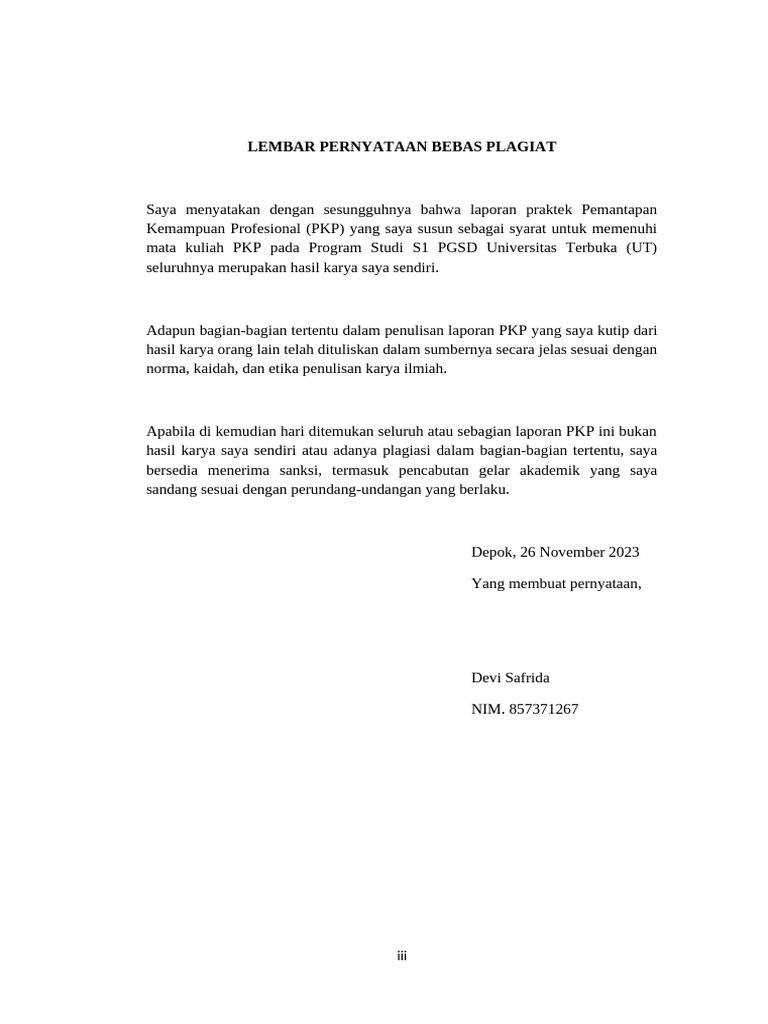 Lembar Pernyataan Bebas Plagiat | PDF