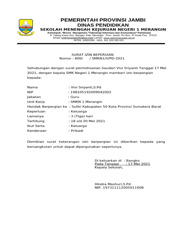 Surat Izin Bepergian Sekolah | PDF