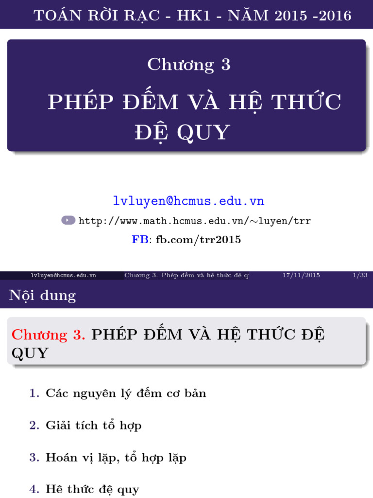 TRR - CNTT - HK1 - 2015 - Chuong 3 - Phep Dem Va He Thuc de Quy - Phan 1 | PDF