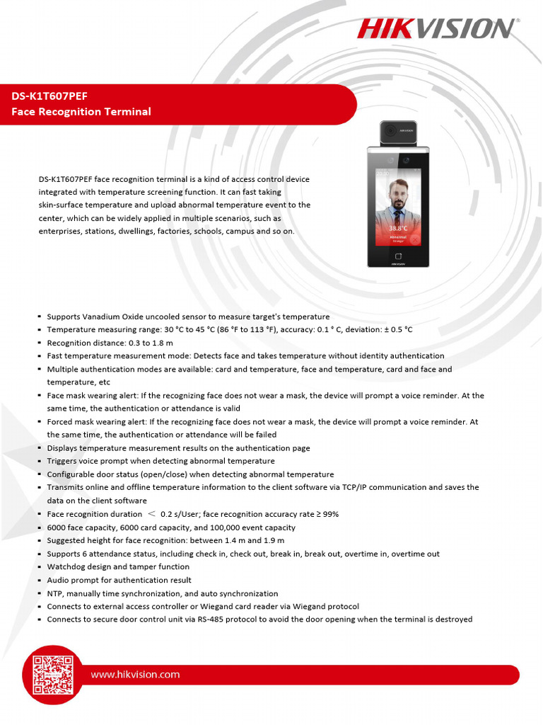 DS-K1T607PEF Face Recognition Terminal Datasheet V1.0 20200511 | PDF ...