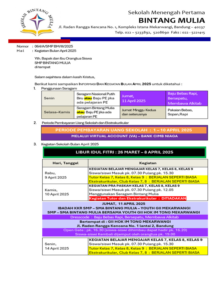 Kegiatan SMP Bintang Mulia April 2025 | PDF