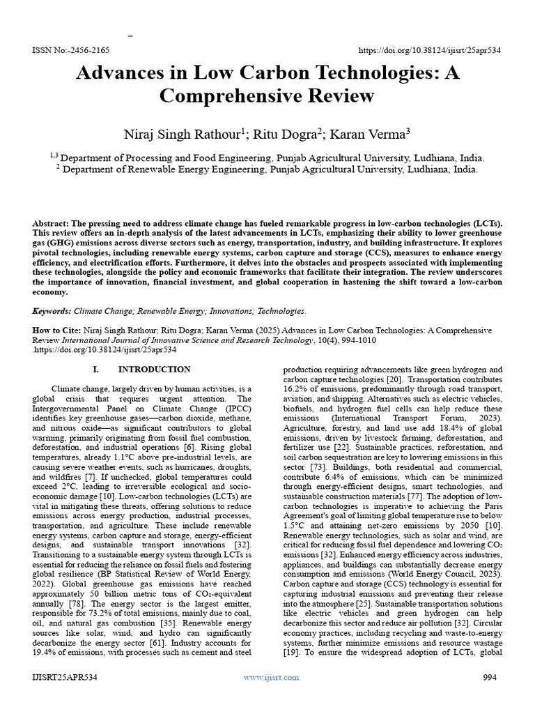 Advances in Low Carbon Technologies: A Comprehensive Review | PDF ...