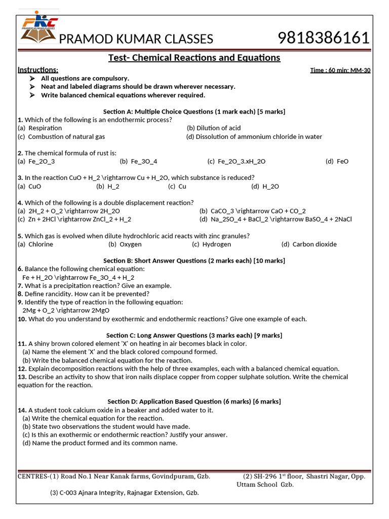 Chemical Reactions Test Instructions | PDF | Chemical Reactions | Acid