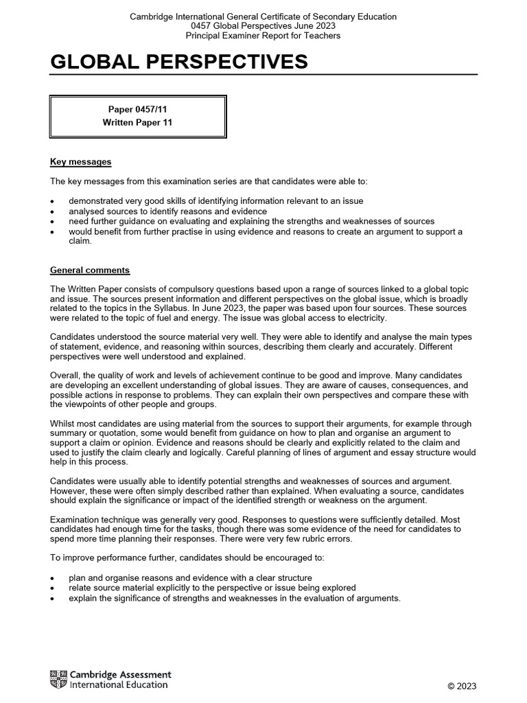 June-2023-Examiner-Report (Global Perspectives) | PDF | Argument | Reason