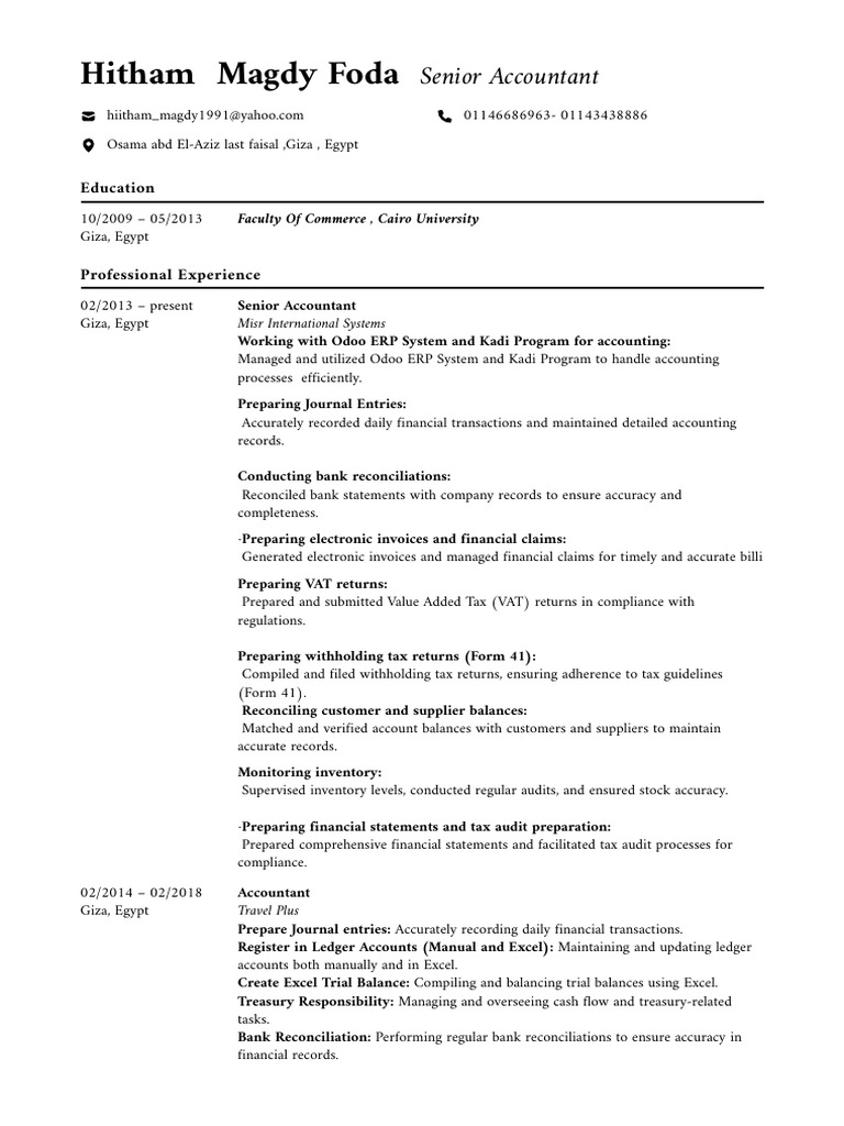 Senior Accountant Profile: Hitham Foda | PDF | Audit | Taxes