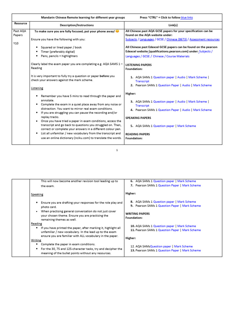 GCSE Mandarin Assessment Resources Guide | PDF | Linguistics