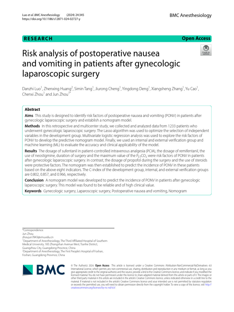 Risk Analysis of Postoperative Nausea and Vomiting | PDF | Anesthesia | Surgery