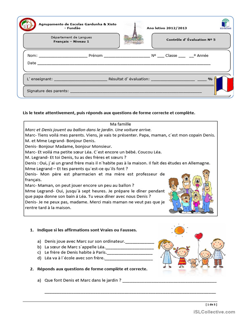 Évaluation de français : famille et loisirs | PDF | Linguistique