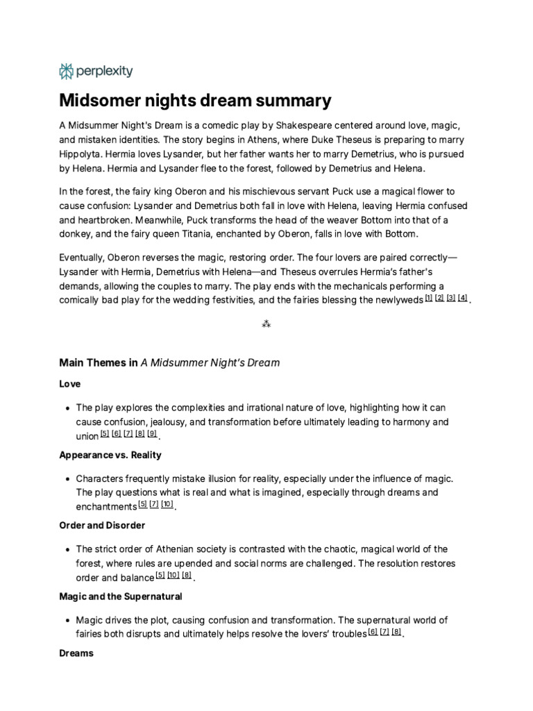 A Midsummer Night's Dream Summary | PDF | A Midsummer Night's Dream