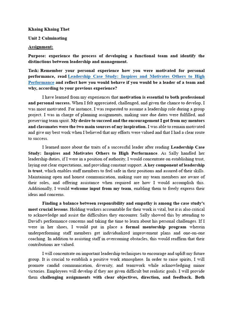 Khaing Khaing Thet (BOH4M) U-2 Culminating | PDF | Leadership ...