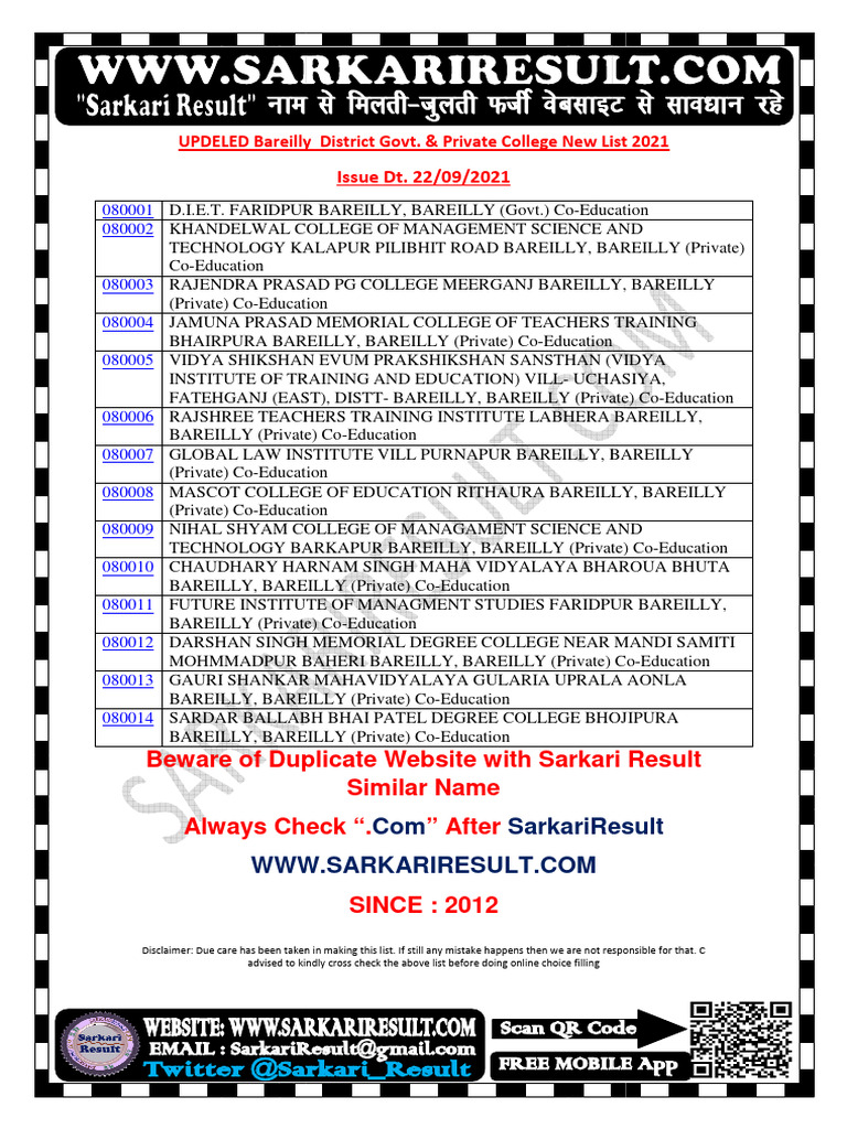 Bareilly District Up Deled Private and Govt College List 2021 | PDF