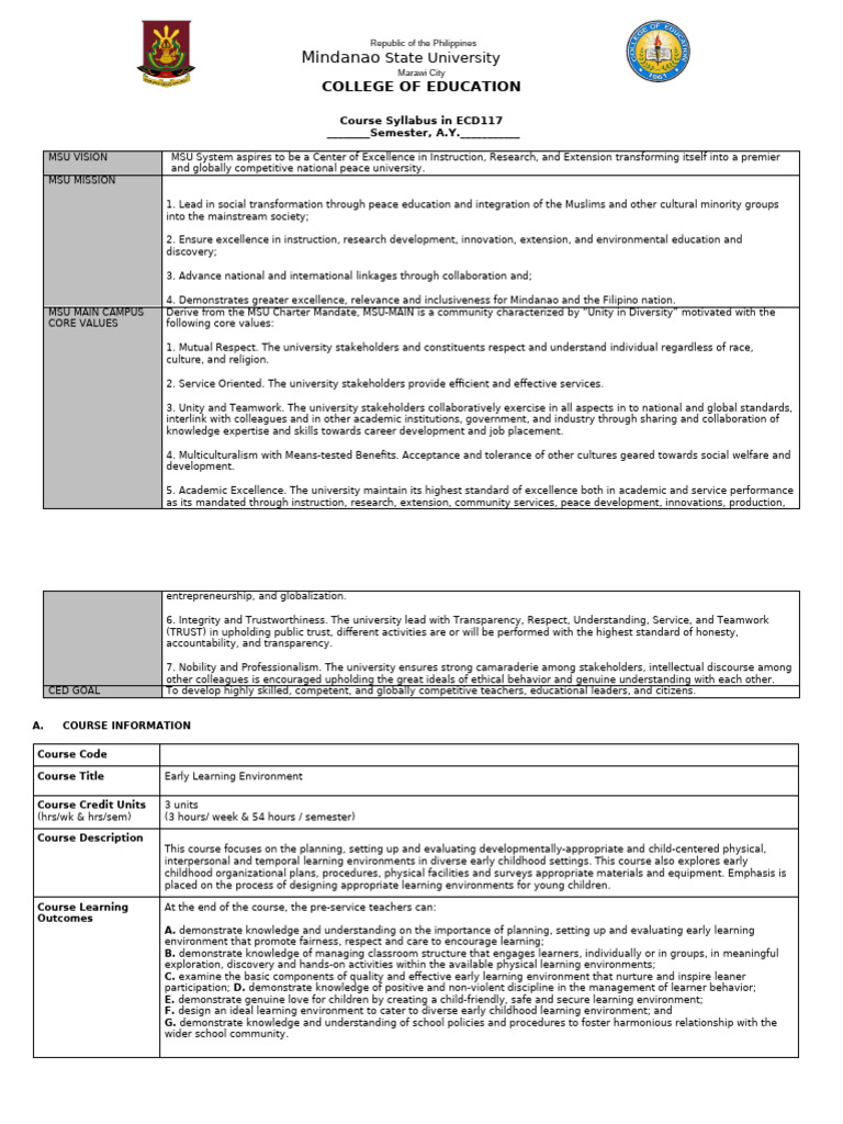ECD 117 Early-Learning-Environment Syllabus | PDF | Learning | Parenting