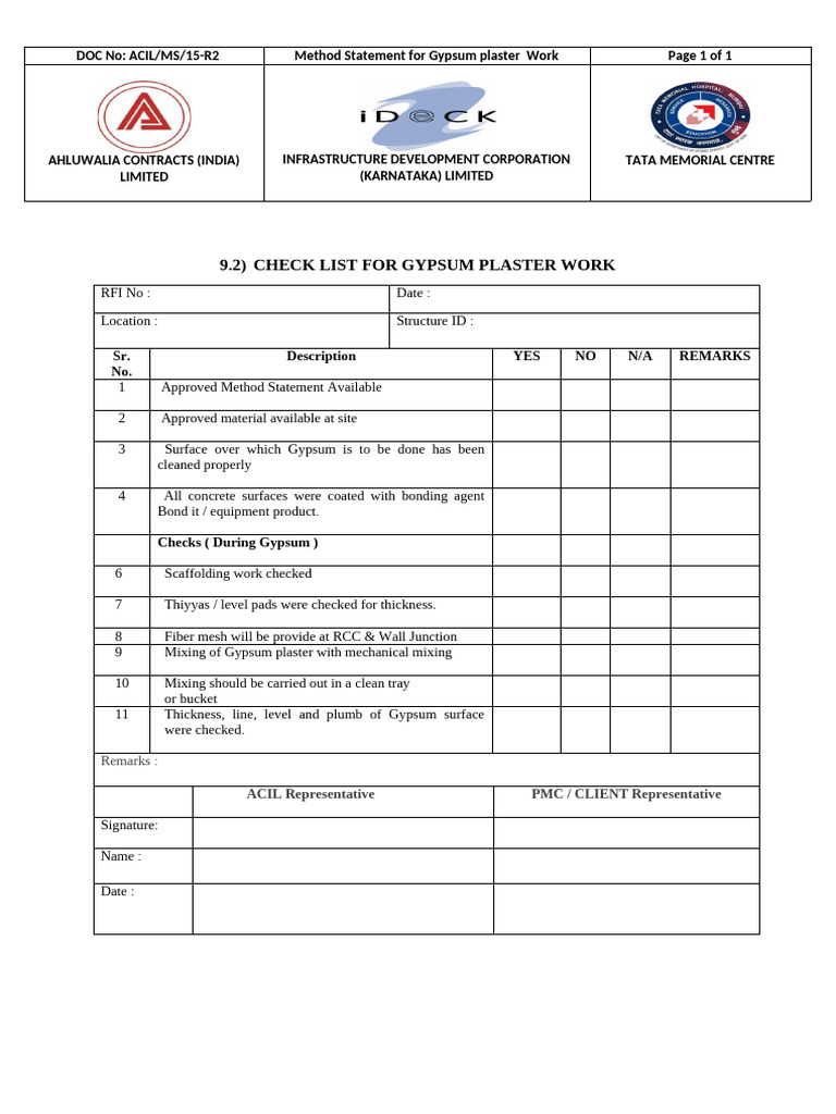 Gypsm Plaster Checklist | PDF