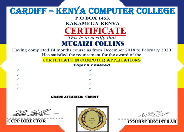 Computer Applications Certificate - Mugaiz Collins | PDF
