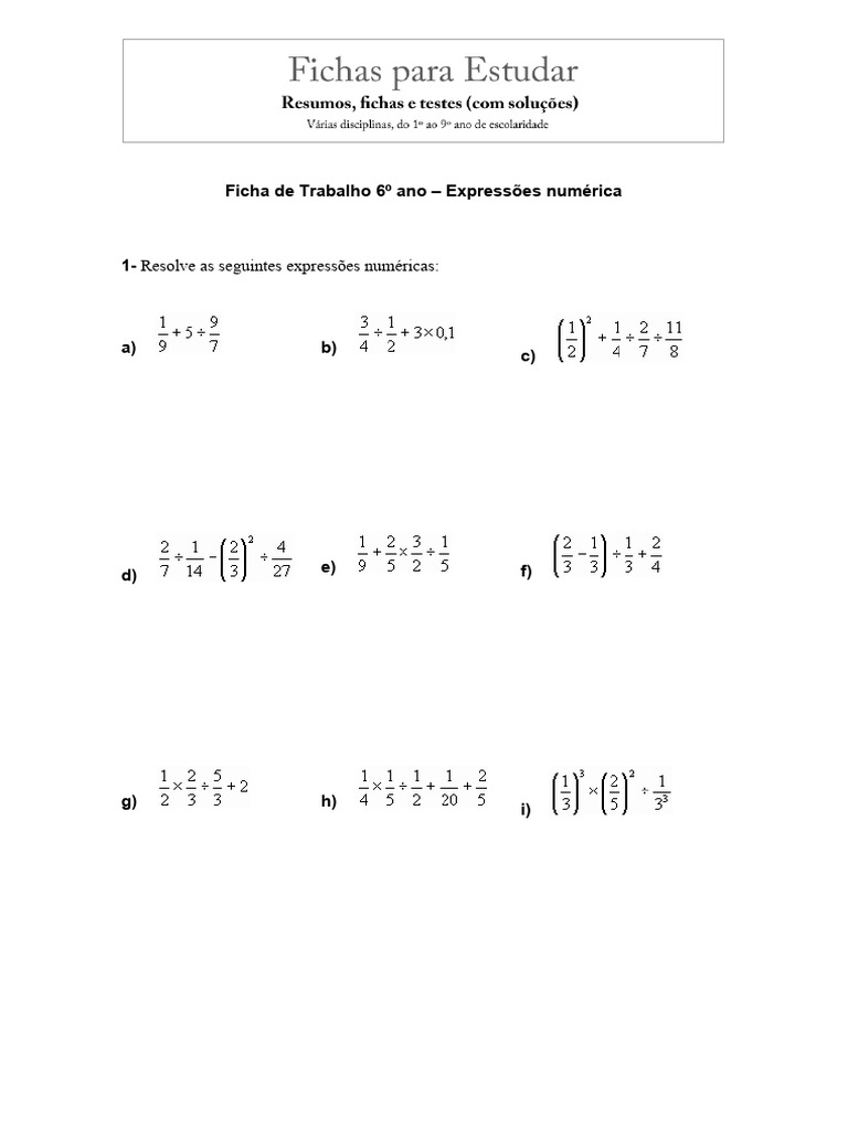 Ficha de Trabalho: Expressões Numéricas 6º Ano | PDF