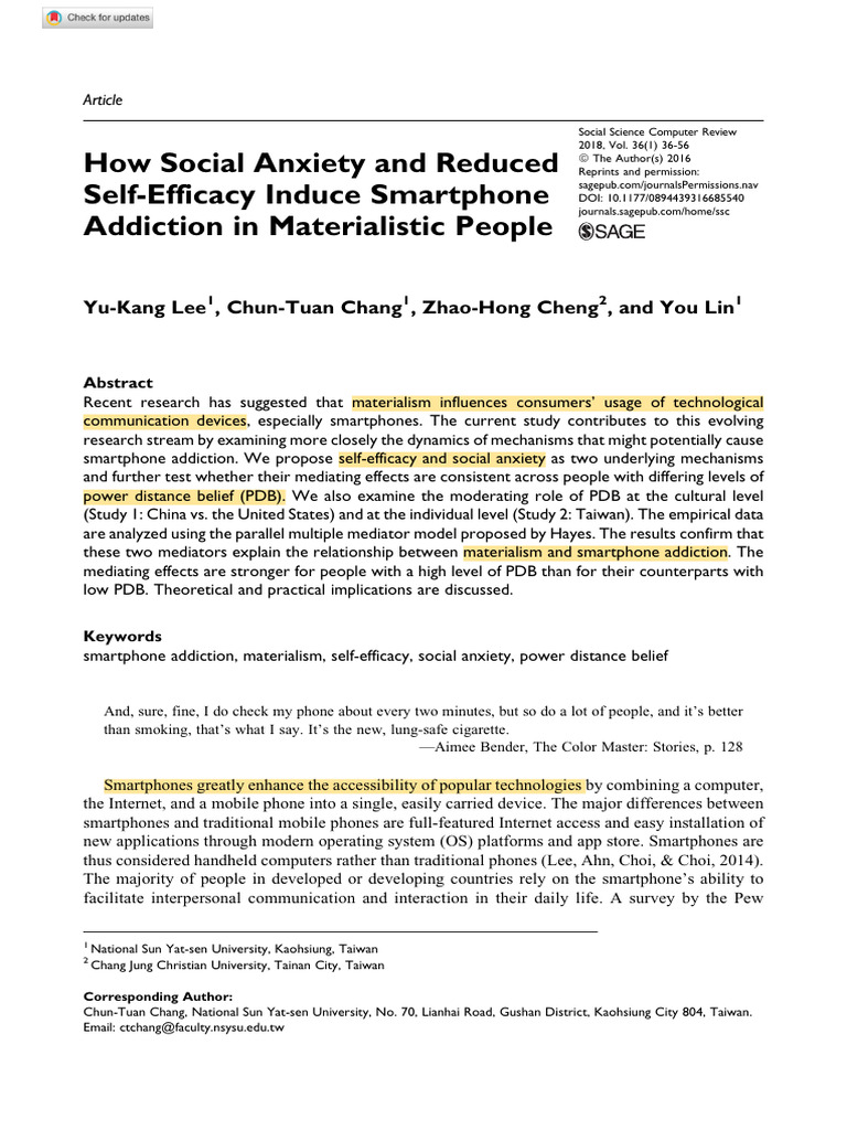Lee Et Al 2016 How Social Anxiety and Reduced Self Efficacy Induce Smartphone Addiction in ...