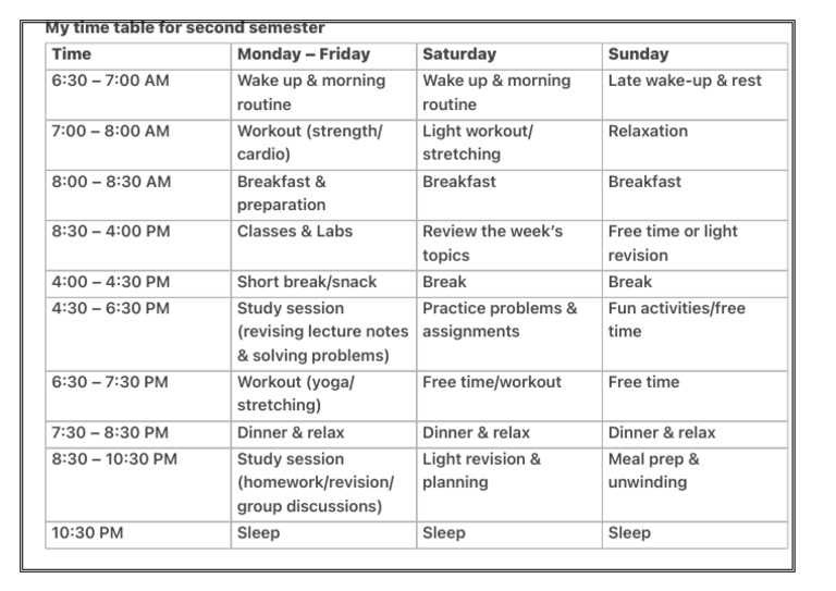 My Time Table For Second Semester | PDF