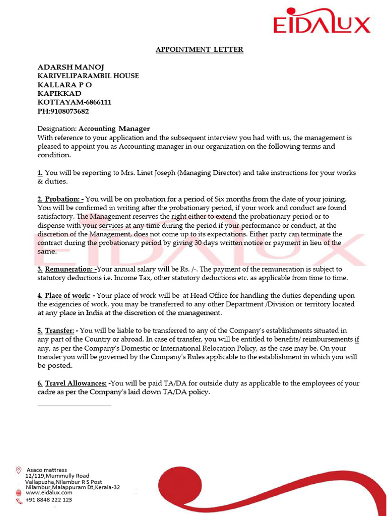 Adarsh Appointment Letter | PDF | Intellectual Property | Trade Secret