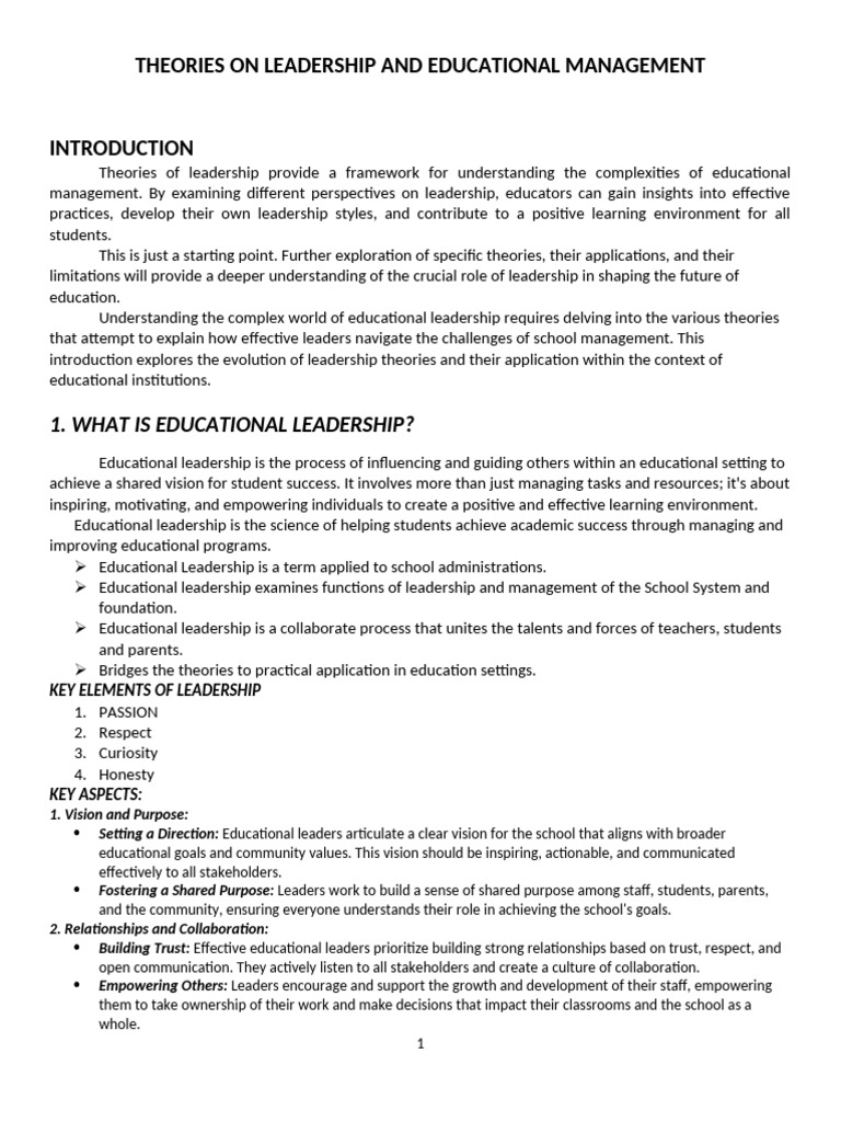 THEORIES ON LEADERSHIP AND EDUCATIONAL MANAGEMEN1 | PDF | Leadership ...