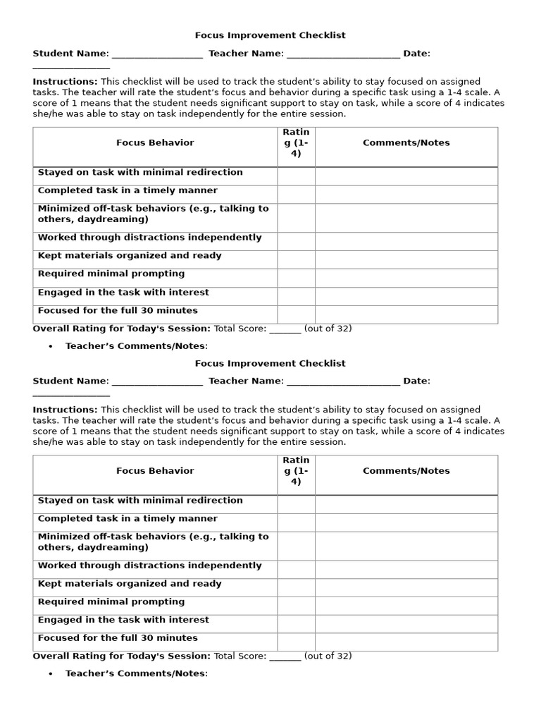 Student Focus Improvement Checklist | PDF