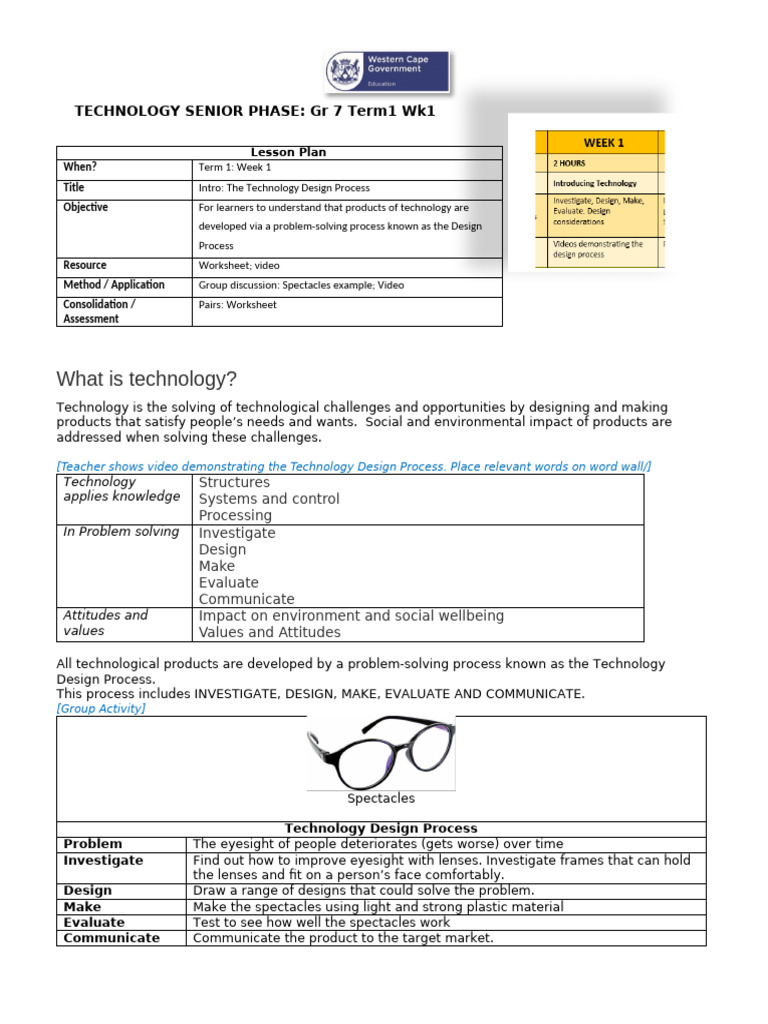 GR 7 T1 WK1 Design Process Introduction | PDF | Learning | Glasses