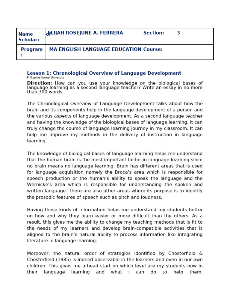 Lesson 1 Chronological Overview of Language Development ESSAY | PDF