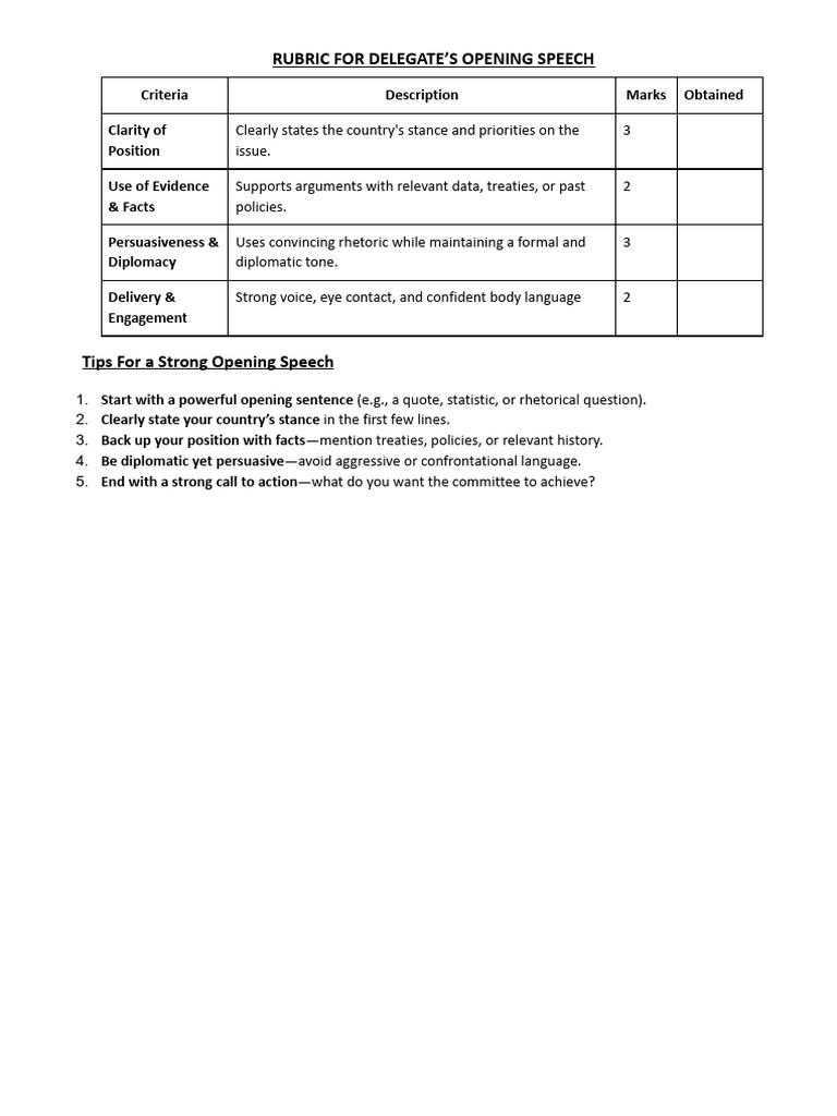 Rubric For Opening Speech - MUN | PDF