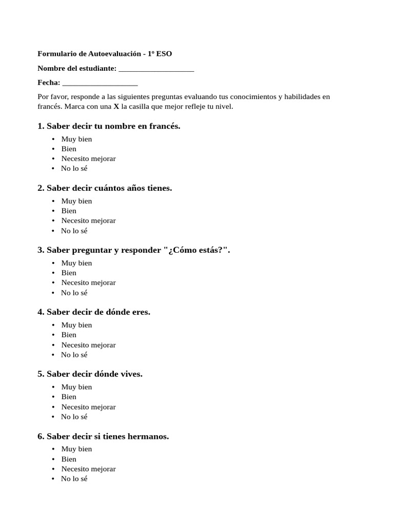Questionnaire Autoeval 1ESO | PDF