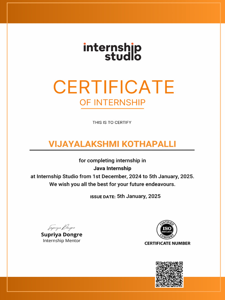 Vijayalakshmi Kothapalli - Java Internship - Internship | PDF