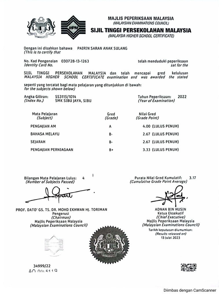 Salinan Sijil STPM | PDF