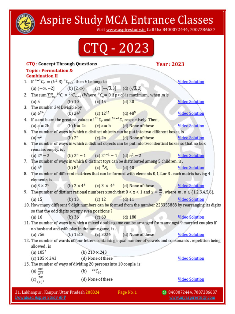 MCA Entrance Permutation & Combination Guide | PDF | Combinatorics