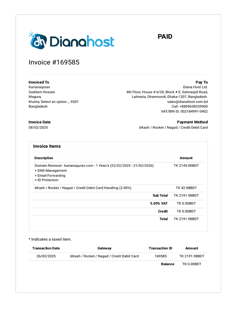 Diana Host Ltd. - Invoice #169585 | PDF