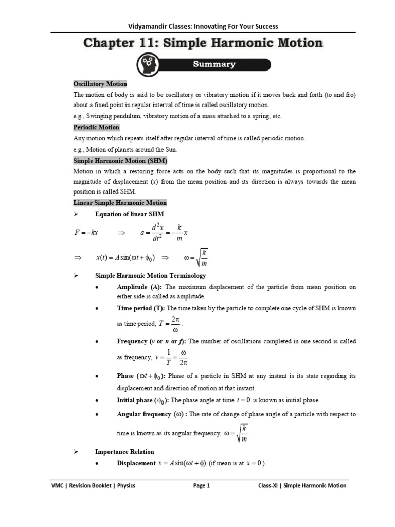 Simple Harmonic Motion_Summary | PDF | Oscillation | Quantity