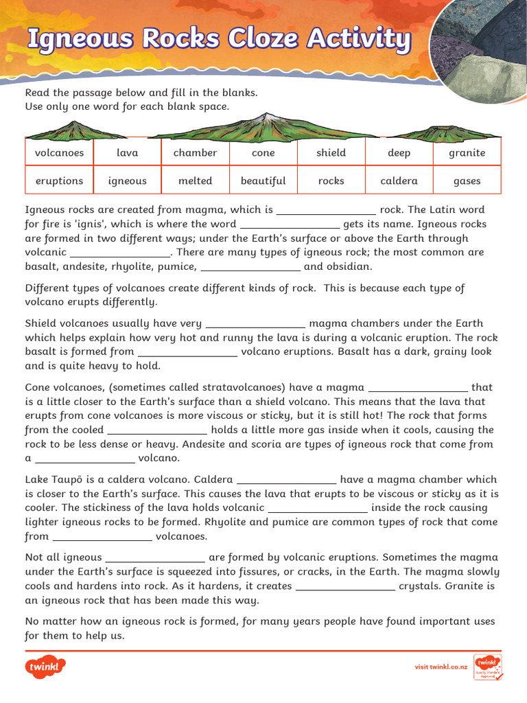 Igneous Rocks Fill-in-the-Blank Activity | PDF | Volcano | Igneous Rock