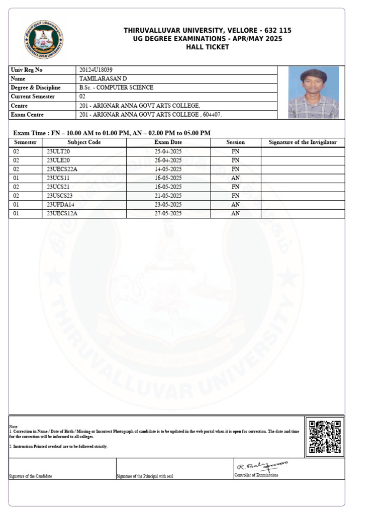Thiruvalluvar University UG Hall Ticket 2025 | PDF