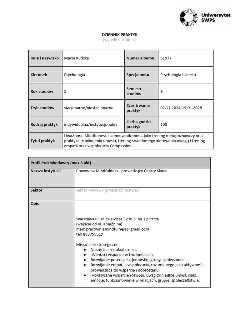 Dziennik Praktyk 24-25 | PDF