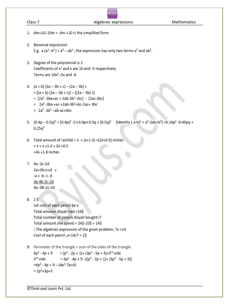 Algebraic Expressions Set 1 Solution | PDF