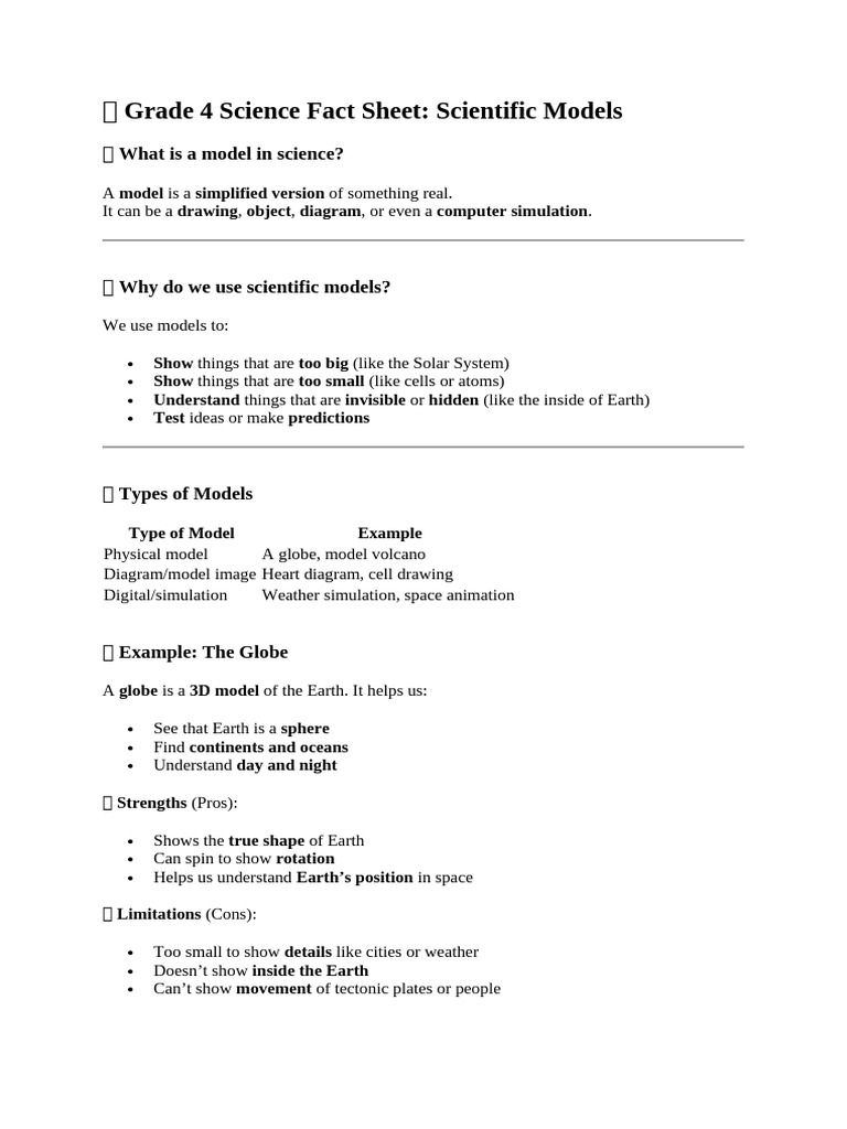 ? Grade 4 Science Fact Sheet - Using Models in Science | PDF