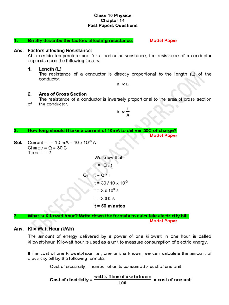 Class 10 Physics Chapter 14 Past Papers Questions F - 1600 - PDF ...