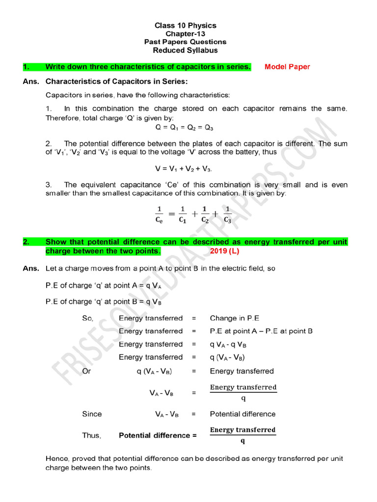 Class 10 Physics Chapter 13 Past Papers Questions Final - 1600 - PDF ...