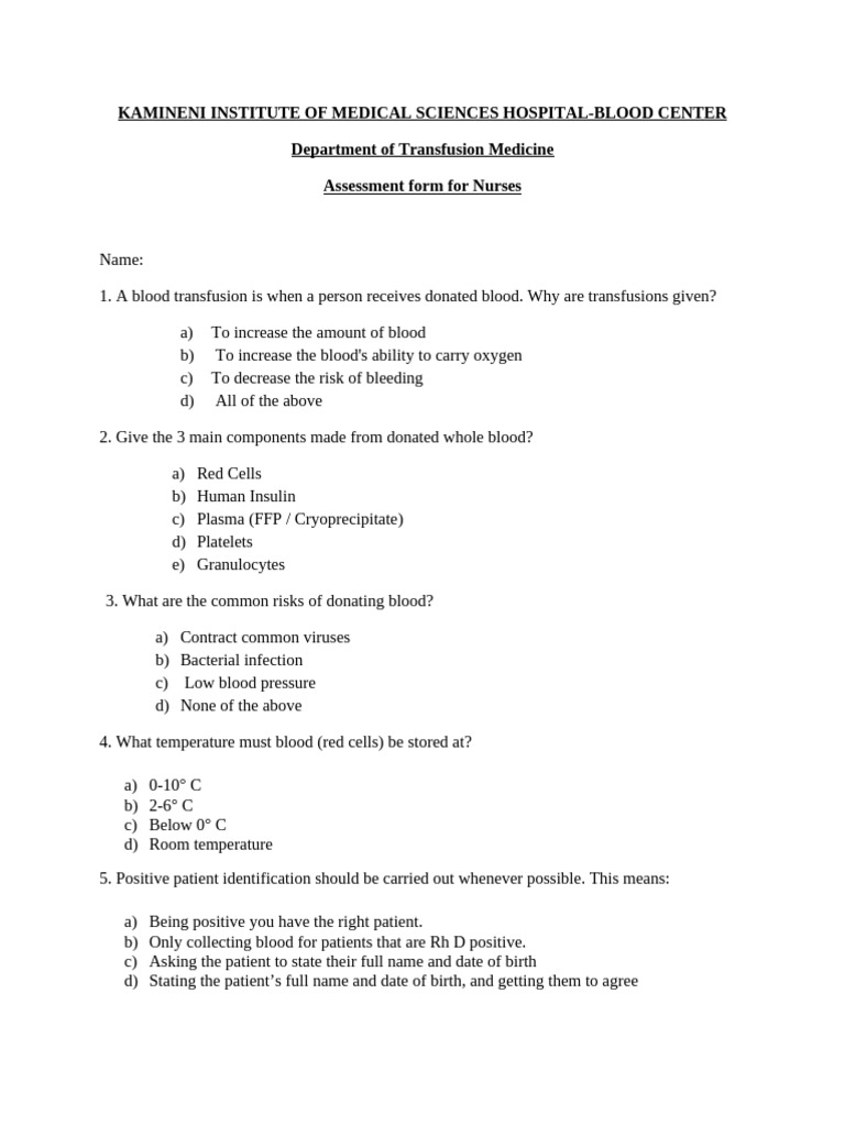 Blood Transfusion Assessment for Nurses | PDF | Blood Transfusion | Blood