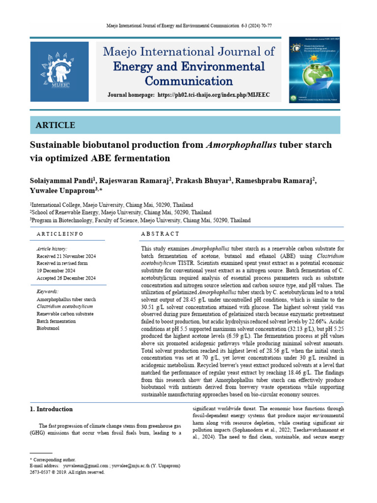 Sustainable Biobutanol Production From Amorphophallustuber Starch | PDF ...