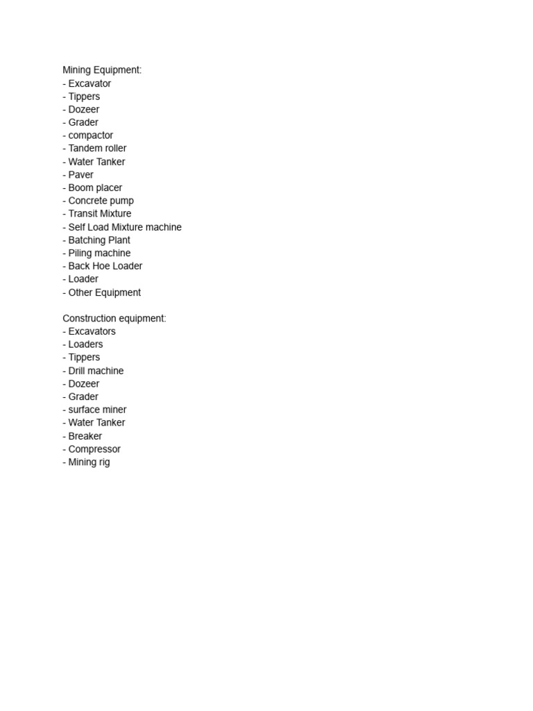 Mining Equipment and Machinery List | PDF