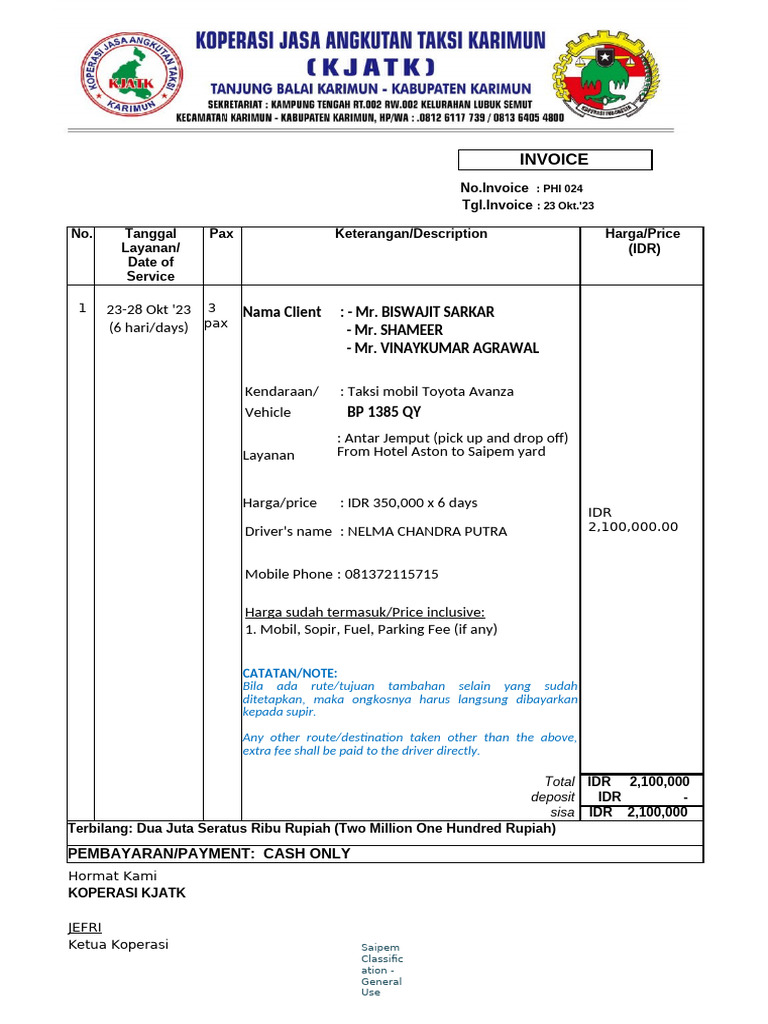TAXI INVOICE 024 (23 - 28 Okt 2023) | PDF | Payments