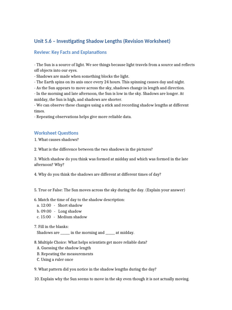 Investigating Shadow Lengths Worksheet | PDF